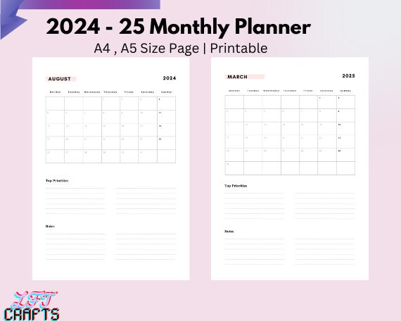 2024 2025 Monthly Planner Printable , Monthly Organizer , Month at a ...