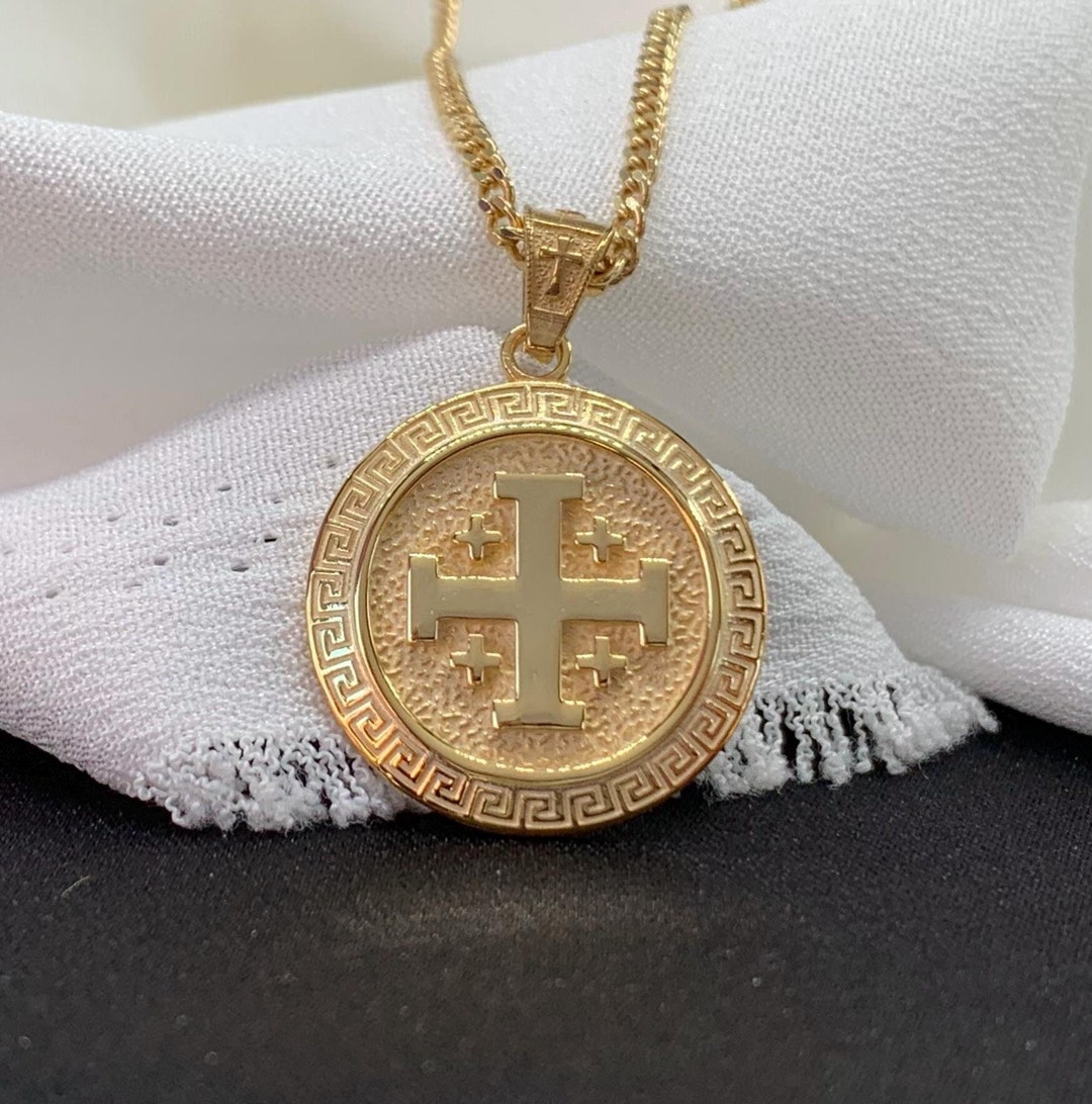 14K Solid Gold Jerusalem Cross Necklace, Medallion Cross for Women and ...