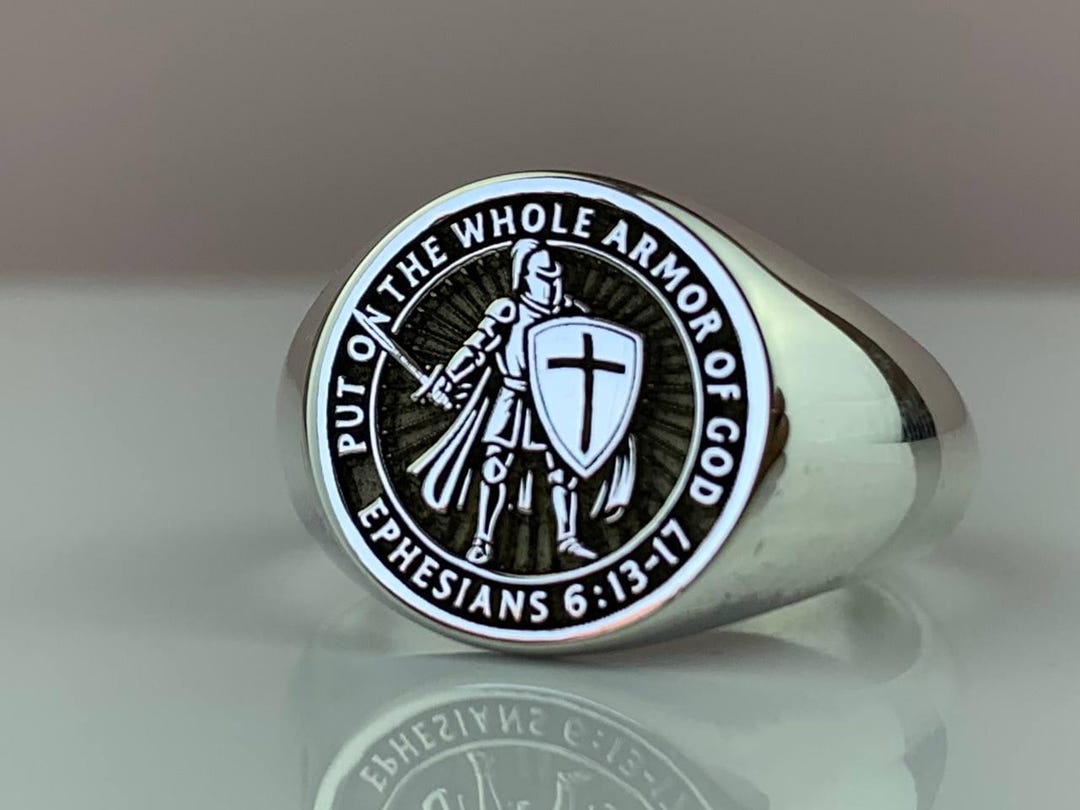 Sterling Silver Armor of God Ring: Christian Knight Shield, Bible Verse ...