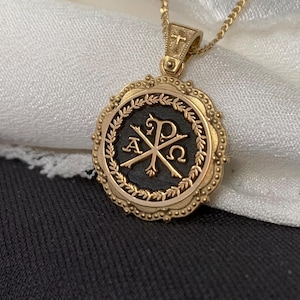 Alpha Omega Christian Pendant, Solid Gold or Sterling Silver Chi Rho ...