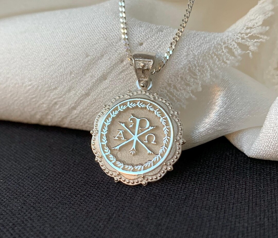 Silver Chi Rho Necklace, Alpha Omega Christogram Pendant, Christian ...