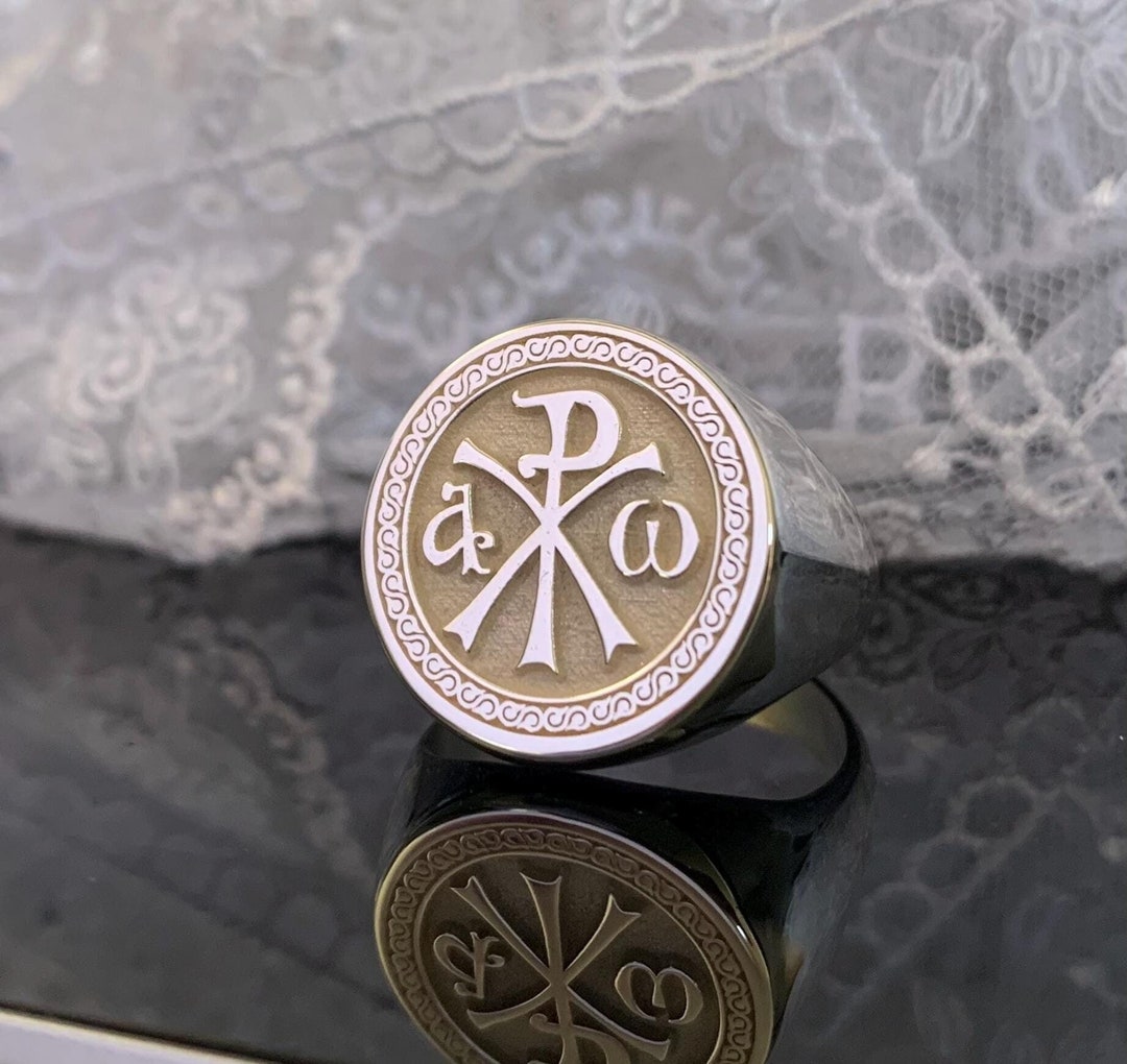 925K Sterling Silver Chi Rho ΧΡ Ring, Chi Rho Alpha and Omega Ring ...