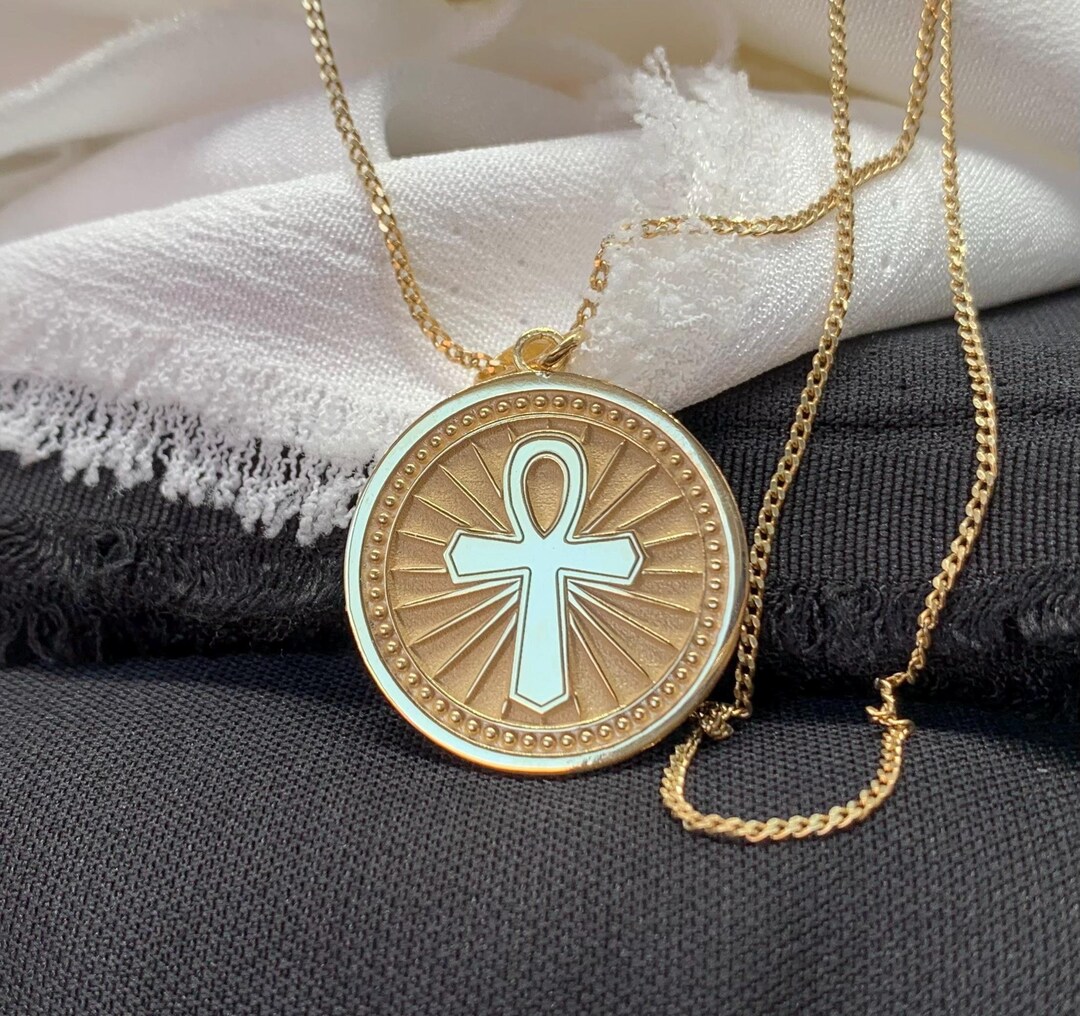 14K Solid Gold Ankh Cross Medallion Necklace - Etsy