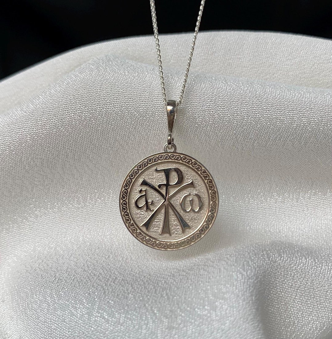 Silver Chi Rho Alpha Omega Necklace, Christianity Symbol Necklace for ...