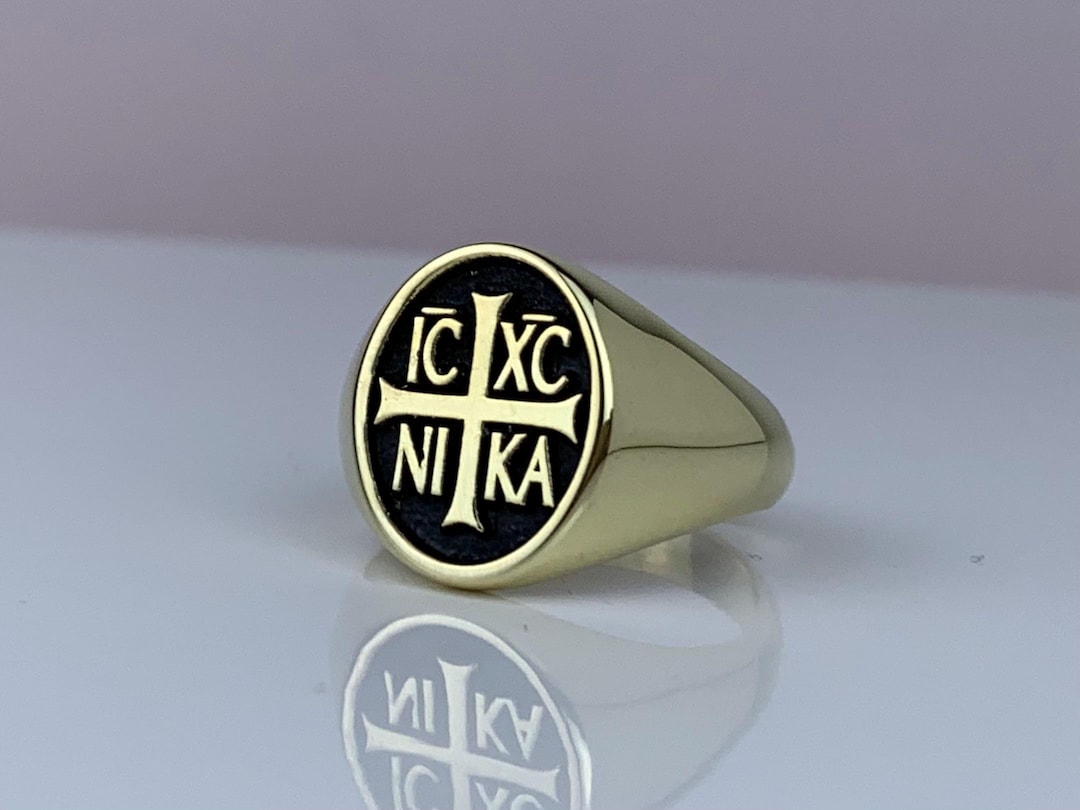 925K Sterling Silver IC XC NIKA Cross Signet Ring, 14K Gold Religious ...