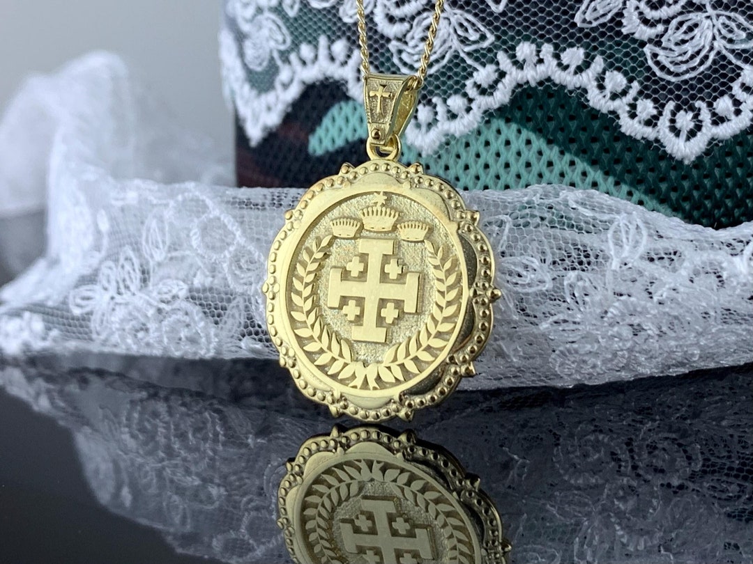 14K Solid Gold Jerusalem Cross Necklace - 925K Sterling Silver ...