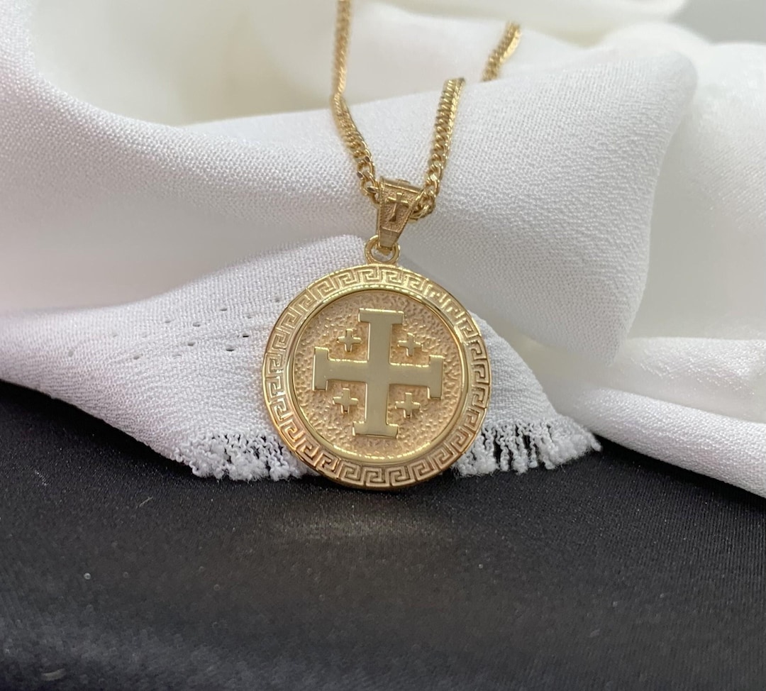 14K Solid Gold Jerusalem Cross Medallion Necklace, Special Collection ...