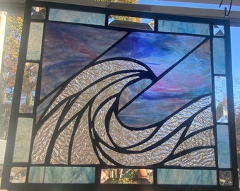 Stained Glass Turquoise Blue Ocean Waves Fused Window Panel With Free ...