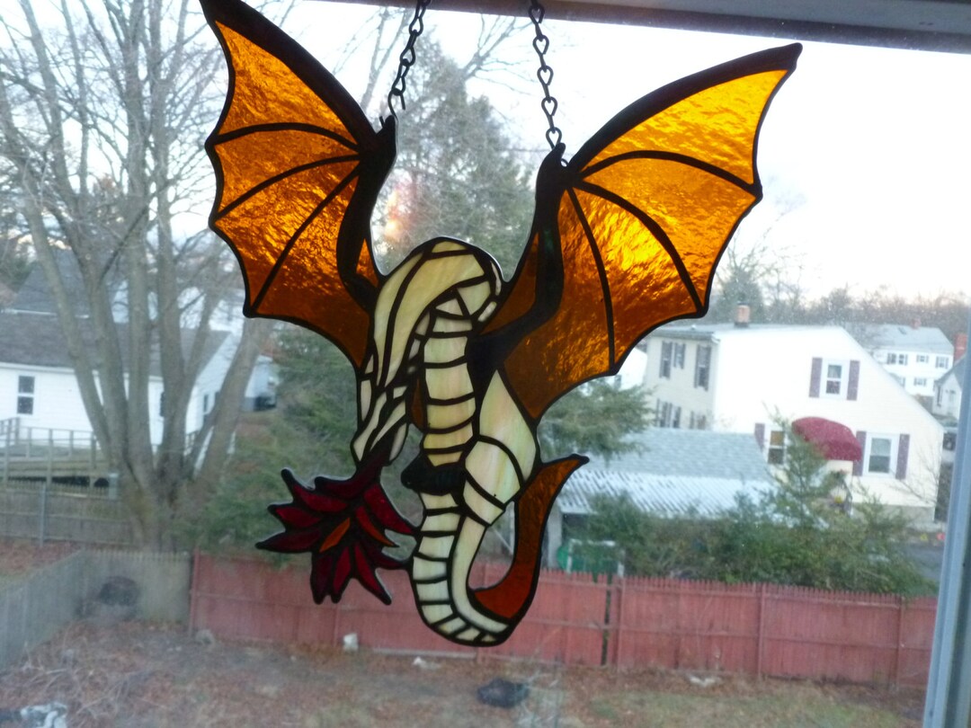 Fire Breathing Stained Glass Dragon in Amber With Iridescent Amber Body ...