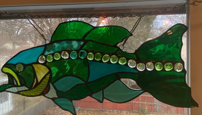 Large Mouth Bass Stained Glass in Greens Fancy Bass Great Gift | Etsy