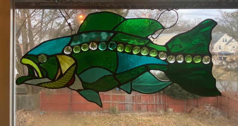 Large Mouth Bass Stained Glass in Greens Fancy Bass Great Gift | Etsy