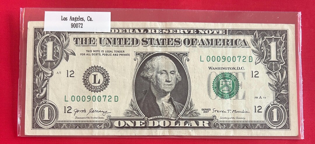 2017 1 One Dollar Zip Code Note Los Angeles, Ca. 00090072 - Etsy