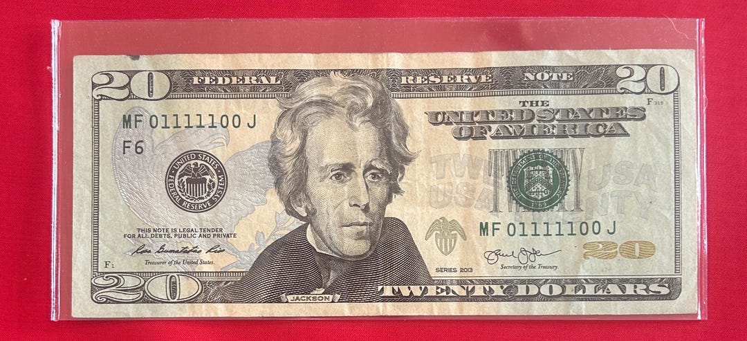 2013 Twenty 20 Dollar Note Fancy Serial Number 01111100 - Etsy