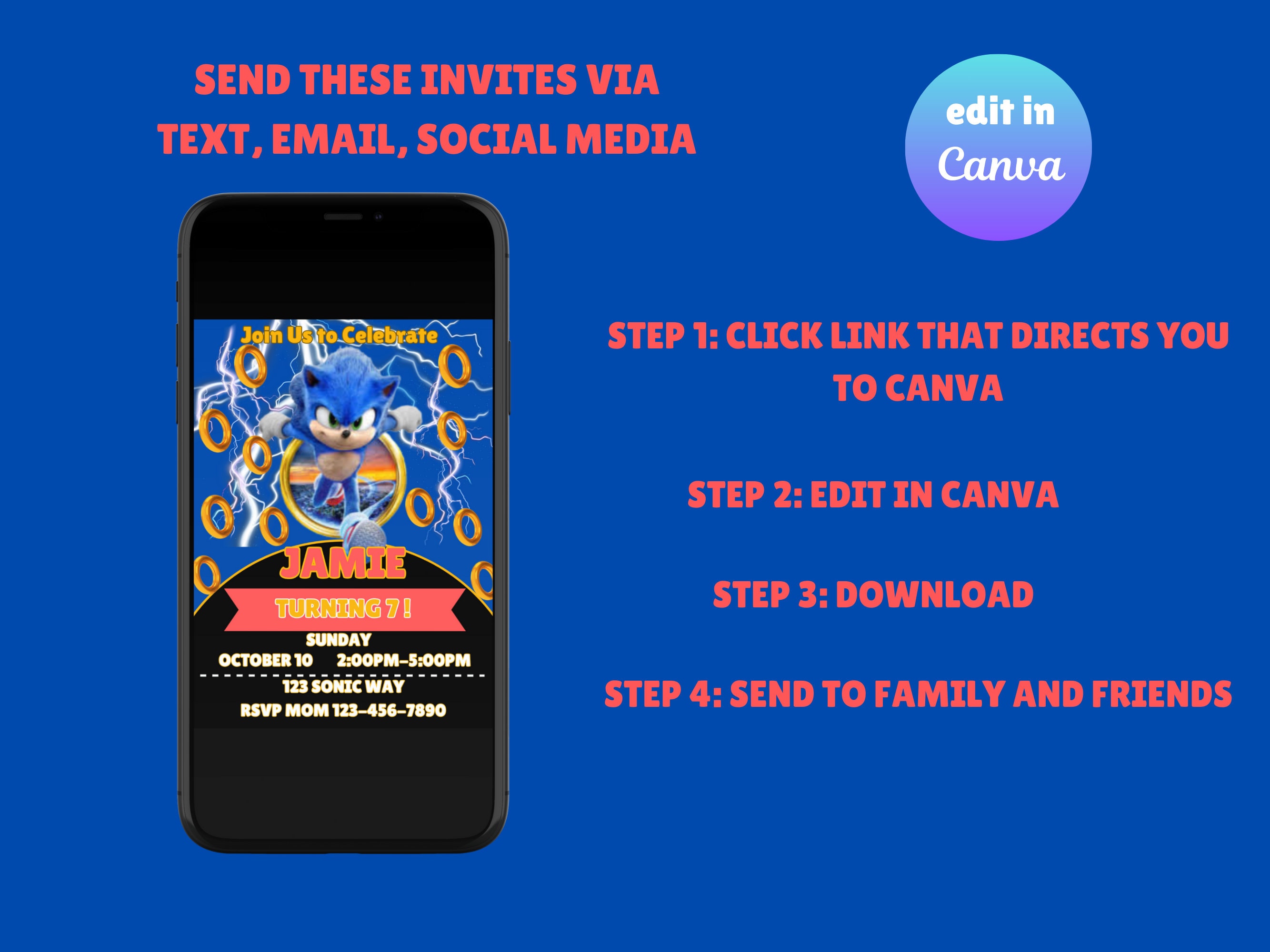 Sonic Birthday Invitation, Super Hedgehog Boys Party Invite, Super ...