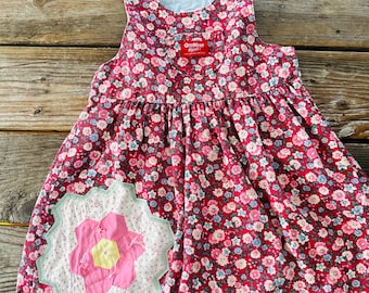 Vintage Girls’ Floral Corduroy Dress With Handmade Quilt Patch Appliqué ...