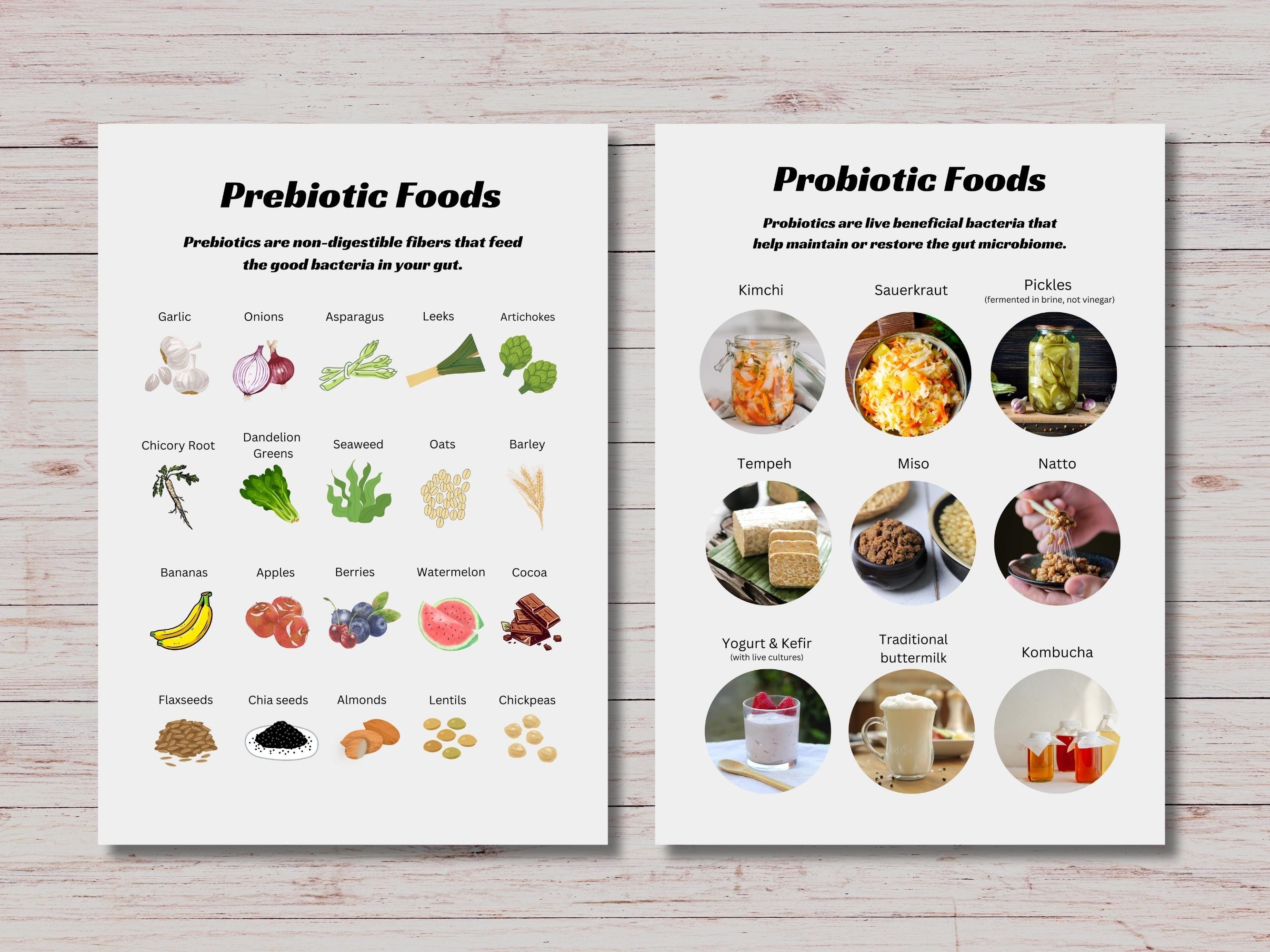 Food Reference Chart Printable Set, Probiotic & Prebiotic Foods Source ...