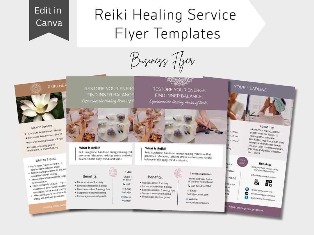 Reiki Healing Flyer Templates, Editable Canva Energy Therapy Pamphlet ...