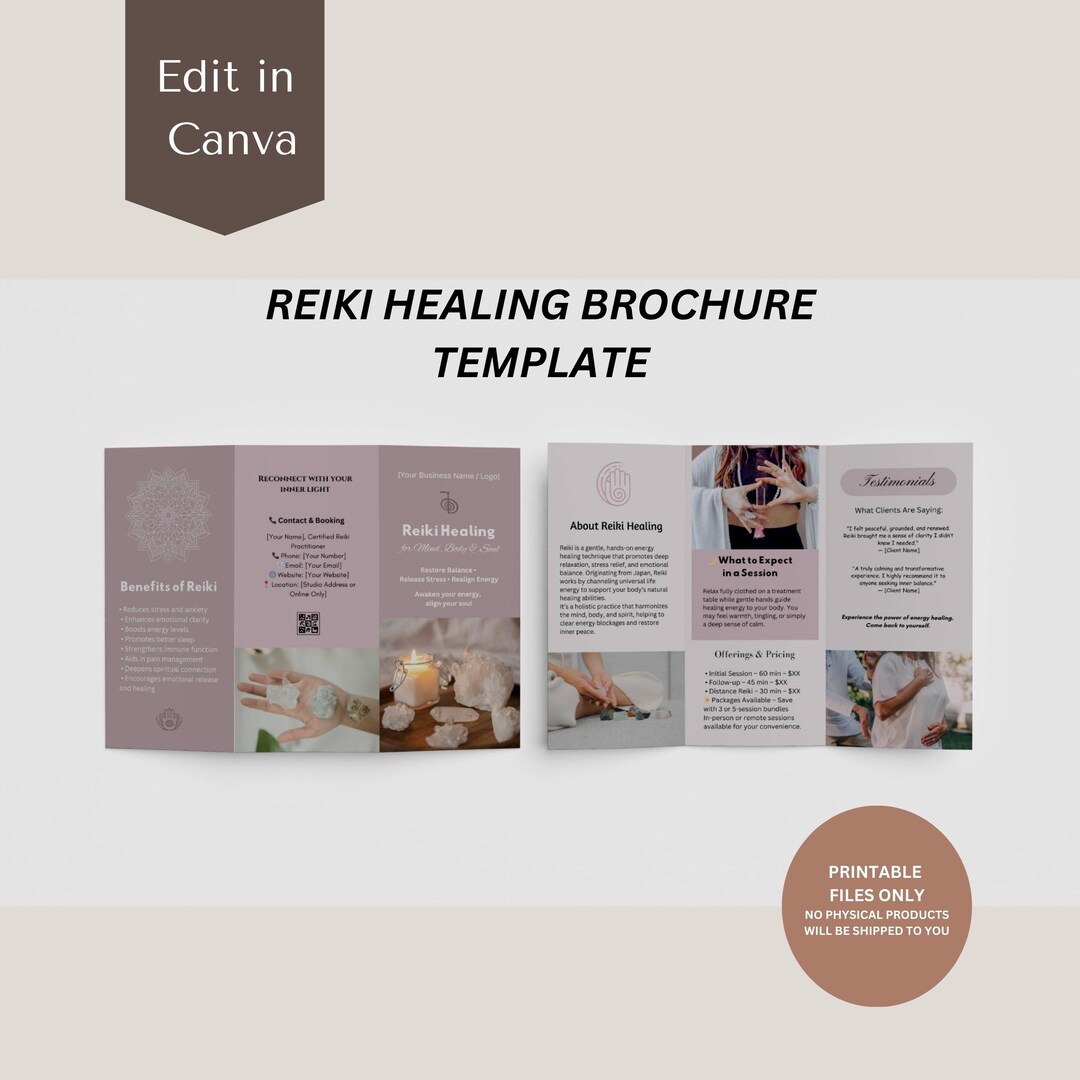Reiki Healing Brochure Template Trifold, Editable Canva Pamphlet for ...