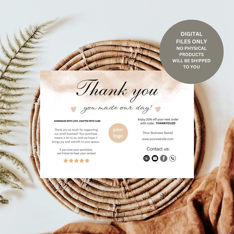 Editable Thank You Card Template for Small Business, Package One Side Card, Purchase Insert ...
