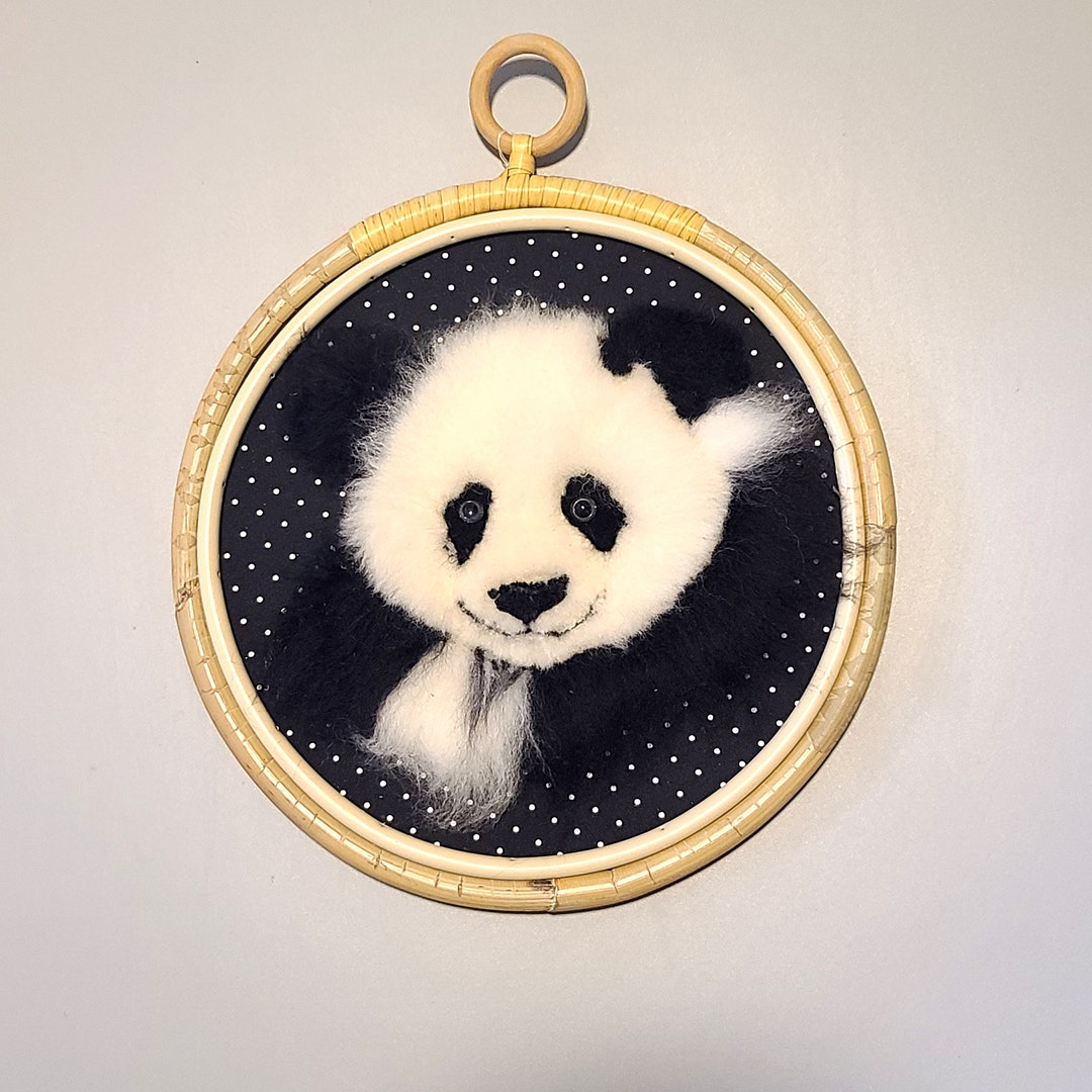 Panda Needle Felted Wool 2D Sculpture in 11 1/2 Bamboo Hoop - Etsy