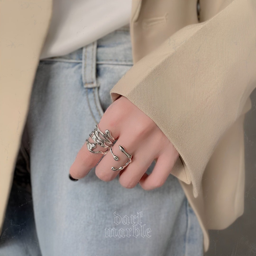 Irregular Molten Silver Ring Chunky Y2K Liquid Lava Jewlelry Adjustable Ring Statement Ring ...
