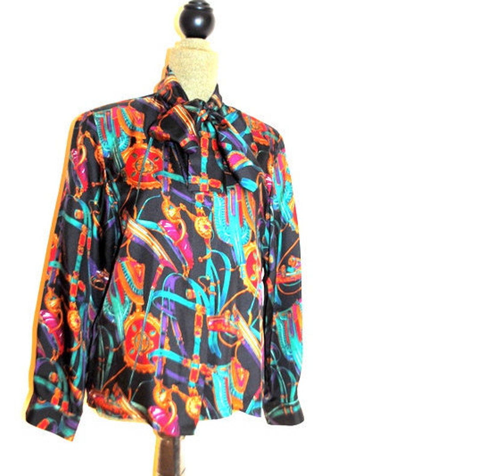 Equestrian Vintage 80s, Black Silk Blouse With a Bright Multi Color ...