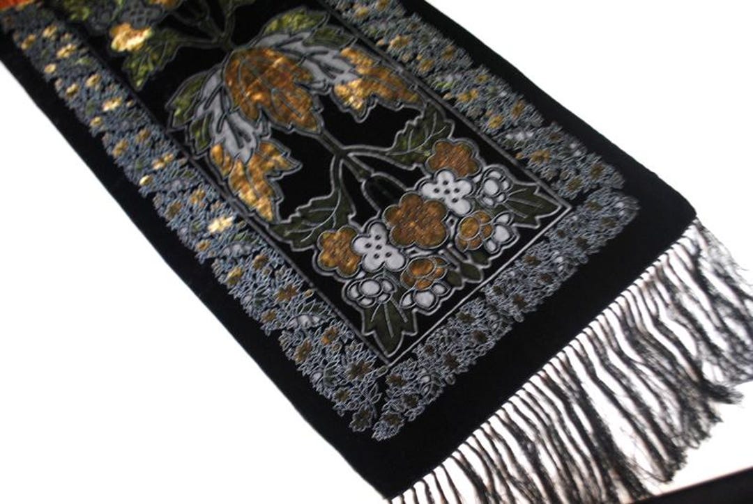 1990 Vintage Black Velvet, Luxurious , Long Scarf/ Wrapped With Art ...