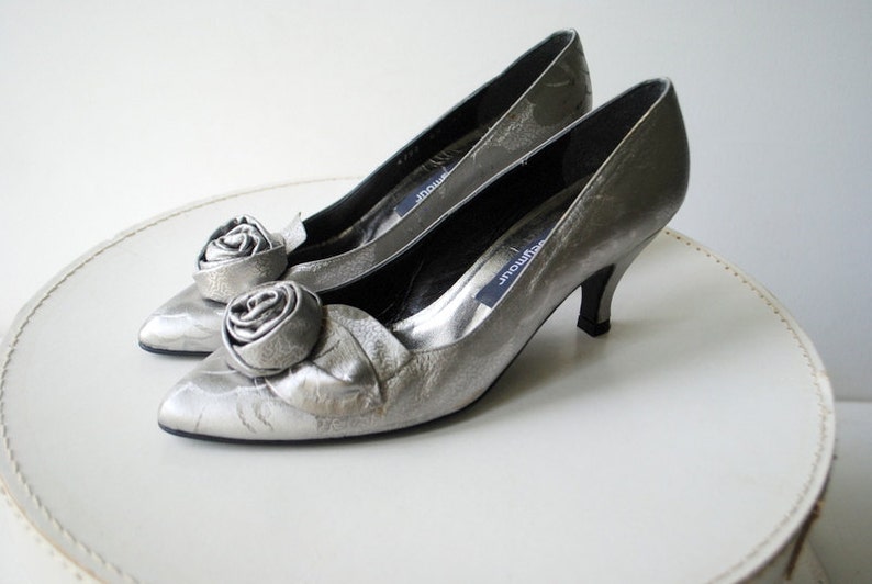 Wedding Vintage 80s Silver, Textured Metallic Leather Pumps With a ...