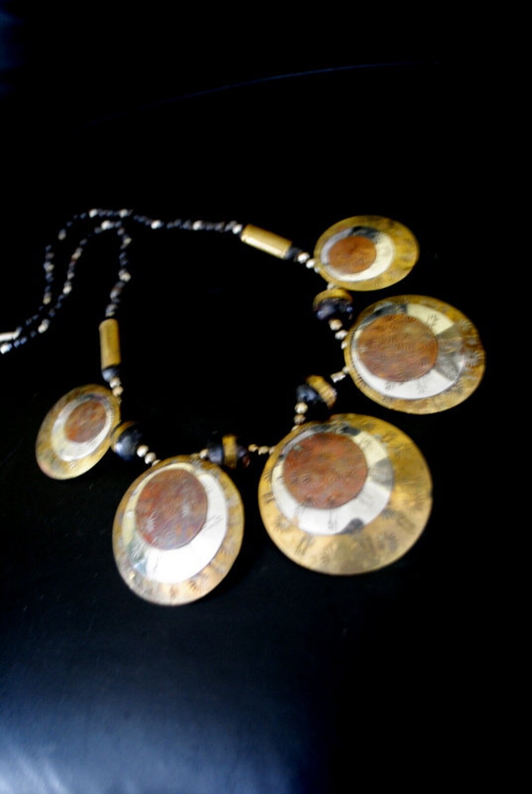 Boho Vintage 1970s Tri Color, Hand Made Bib Necklace With 5 Large ...