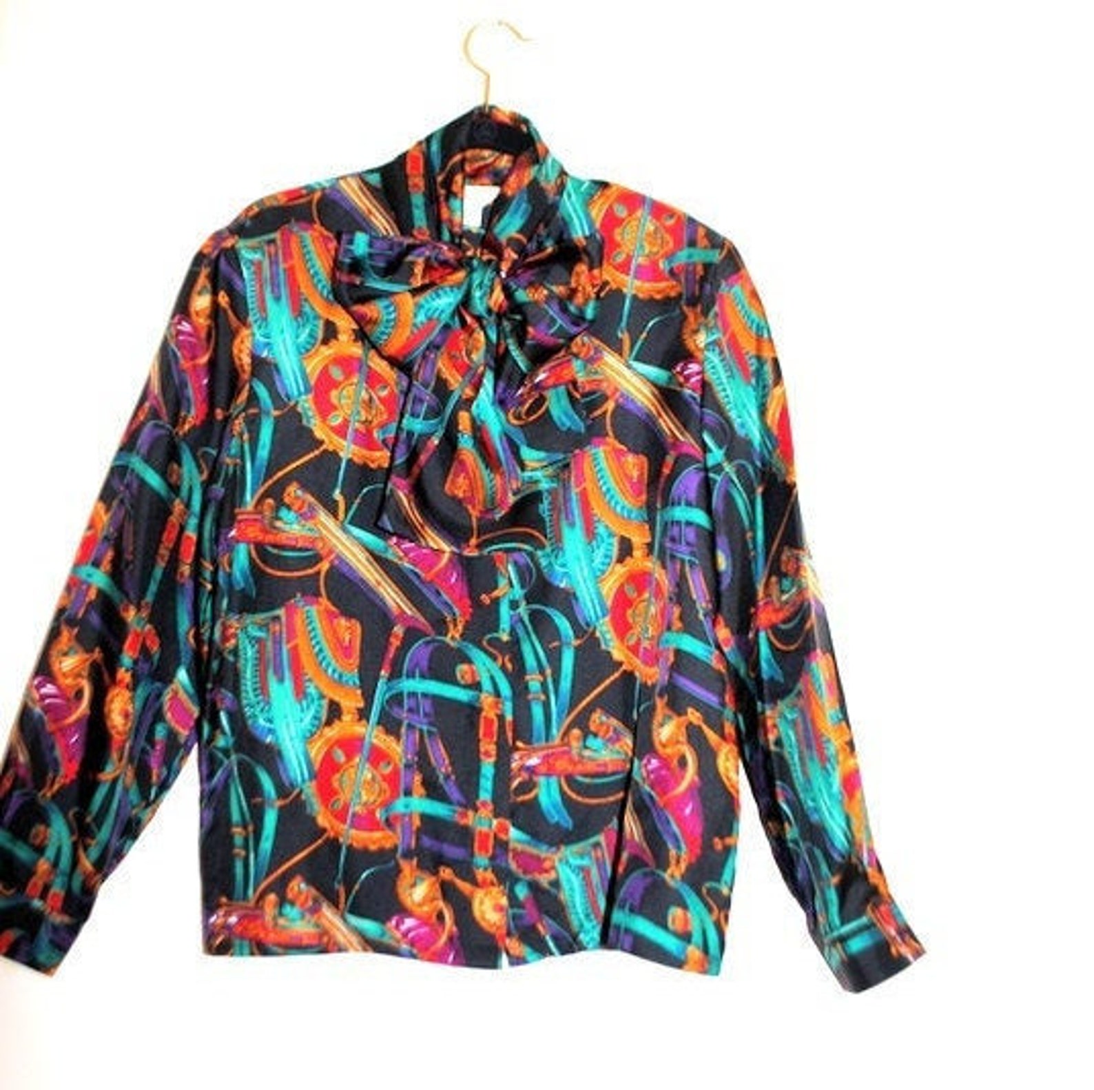 Equestrian Vintage 80s, Black Silk Blouse With a Bright Multi Color ...