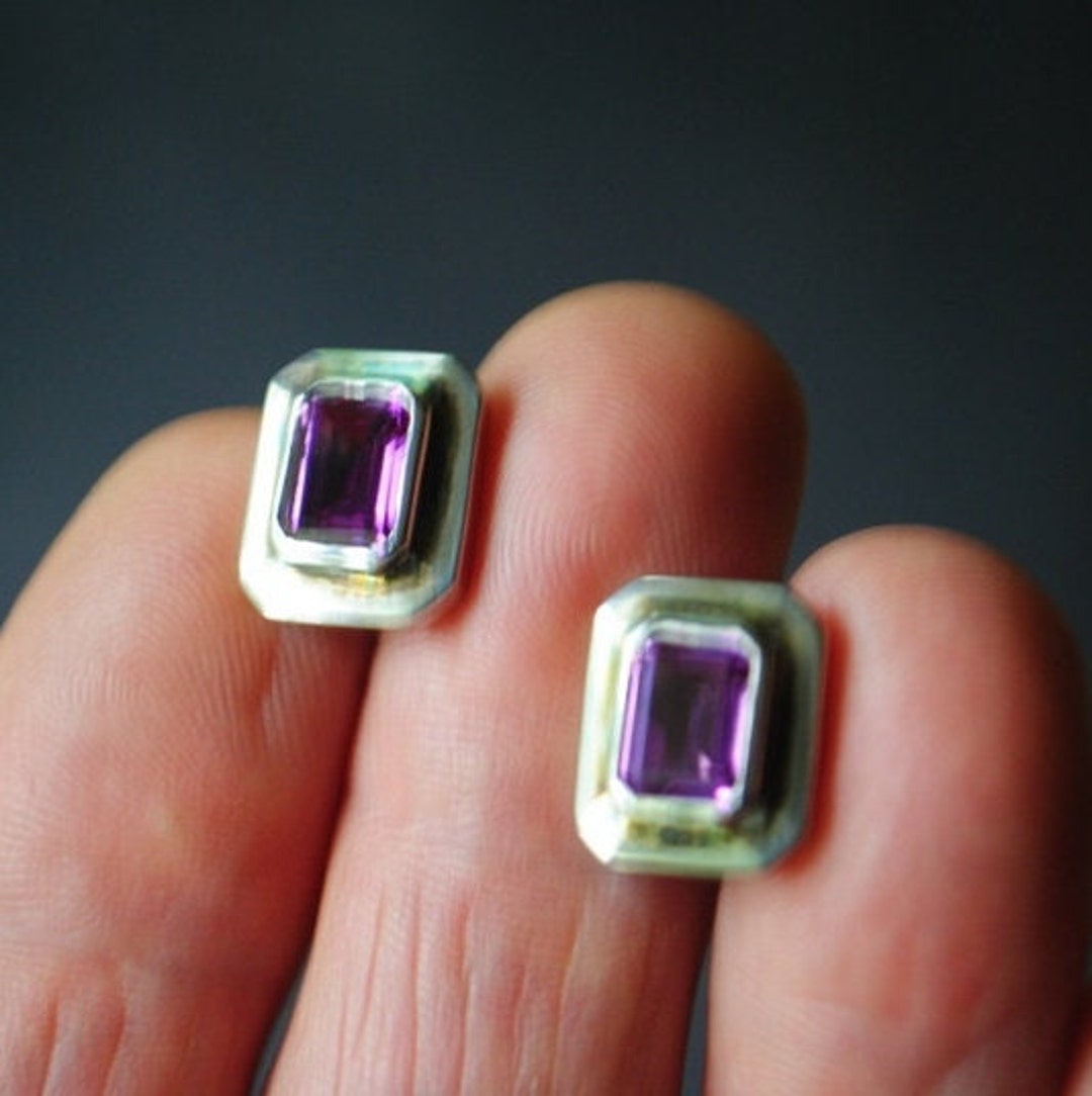 1980 Vintage , Art Deco Style , Sterling Silver 925 , Rectangular , Dome Cuff Links With Faceted ...