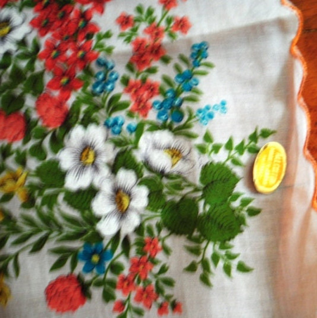 1960 Vintage, White Thin Cotton , Large Handkerchief With Bouquet of ...