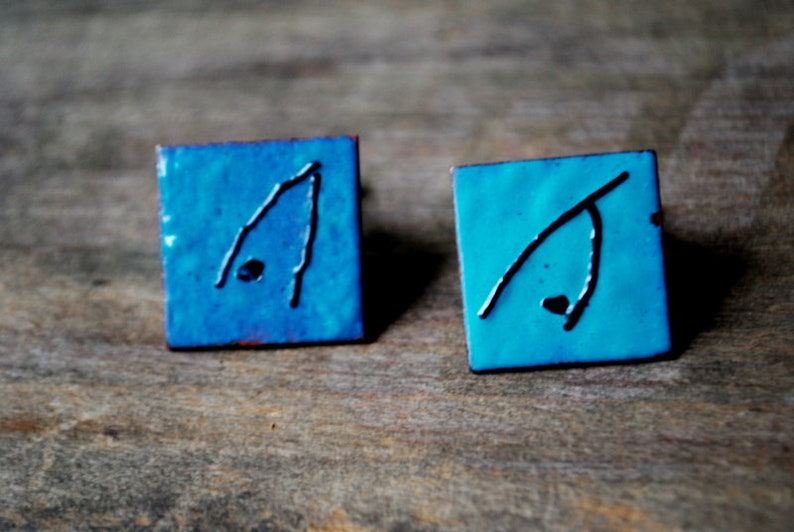 Modernist Vintage 60s Square Shape Teal Blue Enameled Copper | Etsy