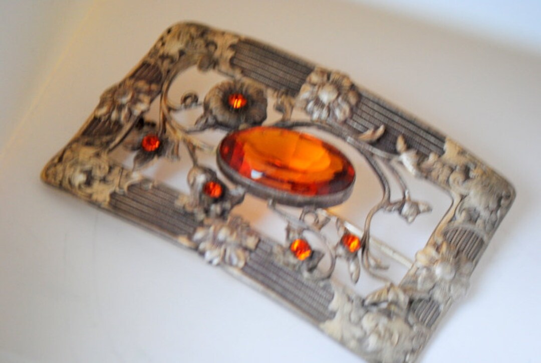 1970 Vintage, Silverplate, Art Nouveau , Rectangular Brooch With Small ...