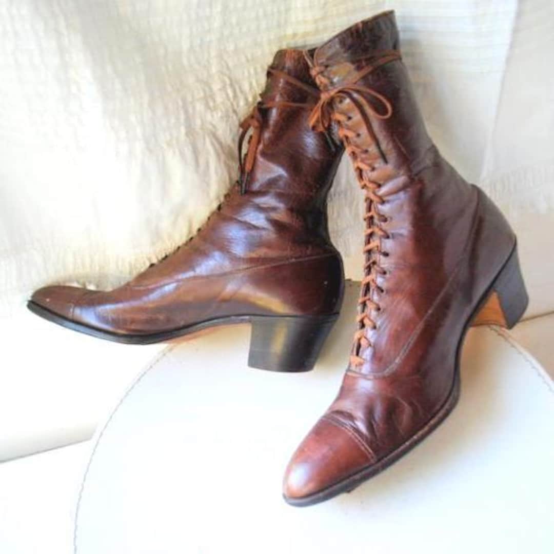 1900 Vintage , Brown , Thin Genuine Leather High Laced up Boots, Chunky ...