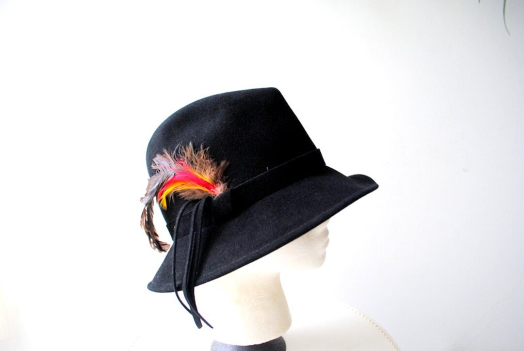 Luxurious Vintage 80s Black Wool ,vagabond Fedora Hat With a Multicolor ...