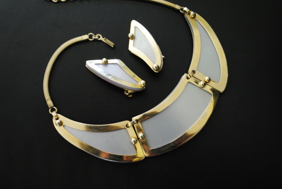 Vintage Leru Geometric Necklace and Clip-on Earring Parure, 60s Mod ...