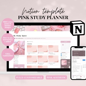 Pink Notion Study Planner Notion School Template Pink Study Notion Academic Student Planner ...