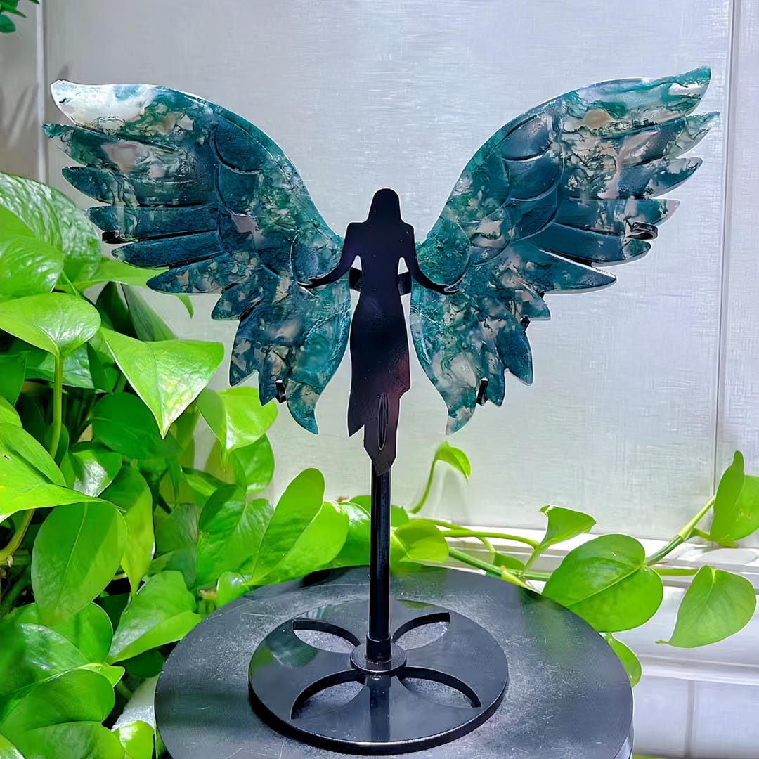 Moss Agate Angel Wings, Hand Carved Crystal Decor, Free Stand - Etsy