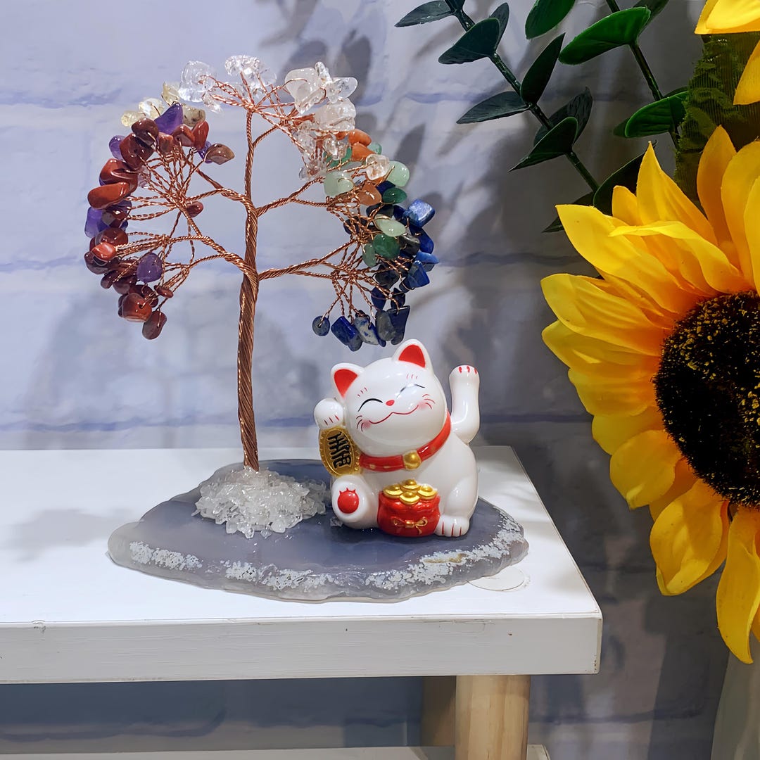 Handmade Feng Shui Gemstone Tree With Lucky Cat: Chakra Healing Decor ...