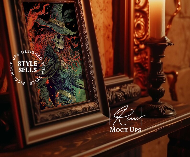 Ornate Frame on Goth Mantle Mock up Template Vertical Wood Frame Wall ...