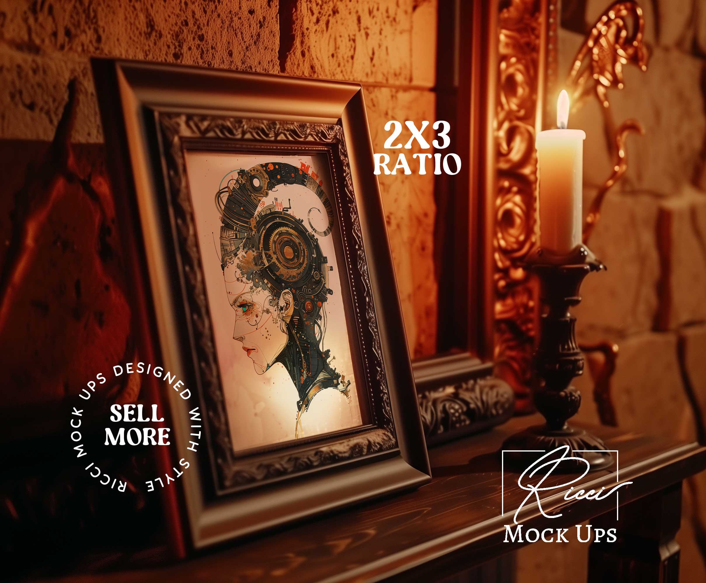 Ornate Frame on Goth Mantle Mock up Template Vertical Wood Frame Wall ...