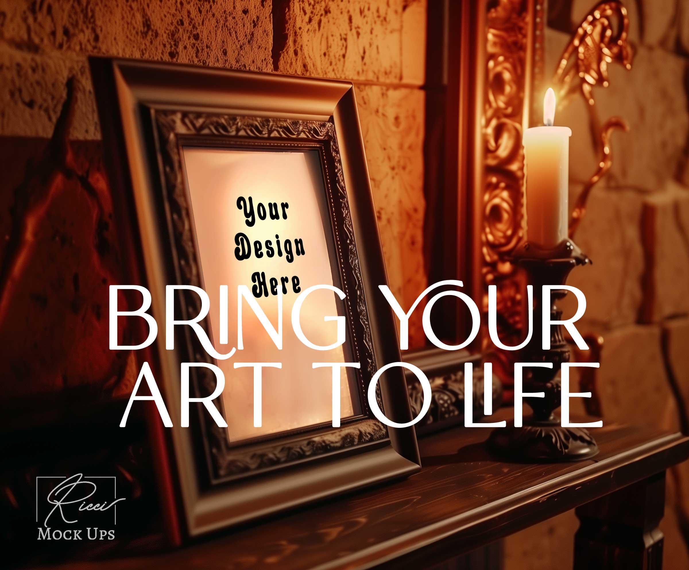 Ornate Frame on Goth Mantle Mock up Template Vertical Wood Frame Wall ...