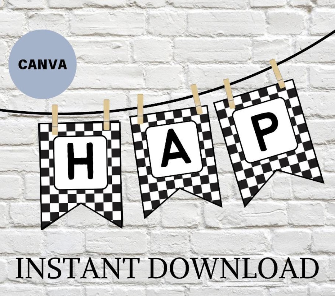 Car Theme Happy Birthday Banner: Checkered Flag Party Garland (digital ...