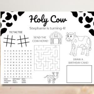 Holy Cow Birthday Party Activity Sheet, Party Favor, Placemat ...