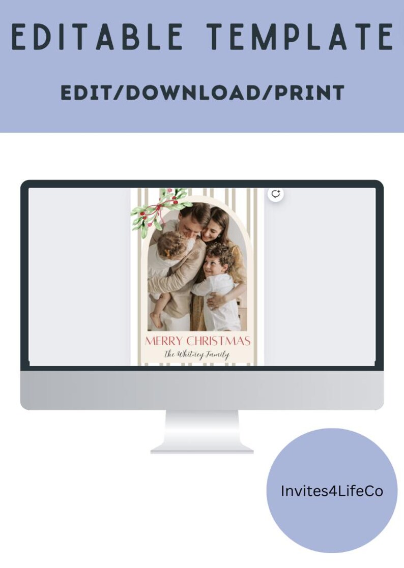 Editable Christmas Card, Neutral Lines, Christmas Sprigs With Red Bow ...