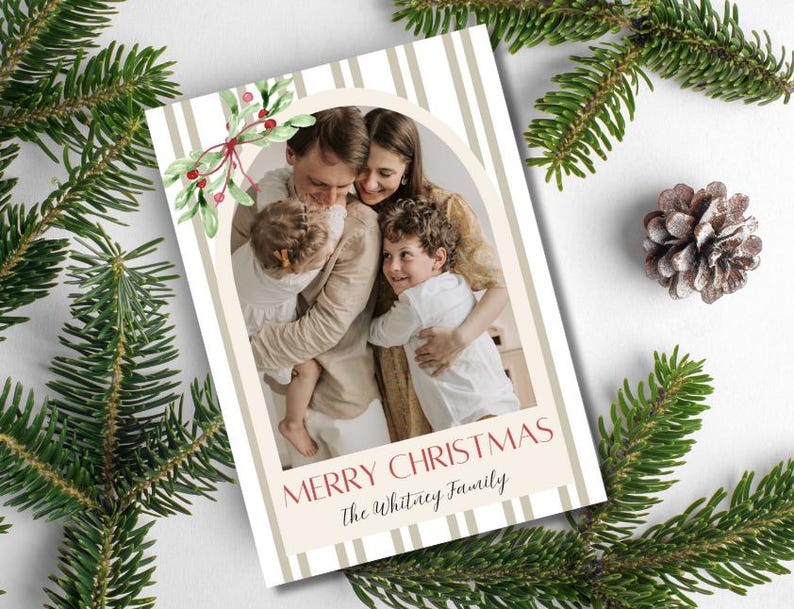 Editable Christmas Card, Neutral Lines, Christmas Sprigs With Red Bow ...