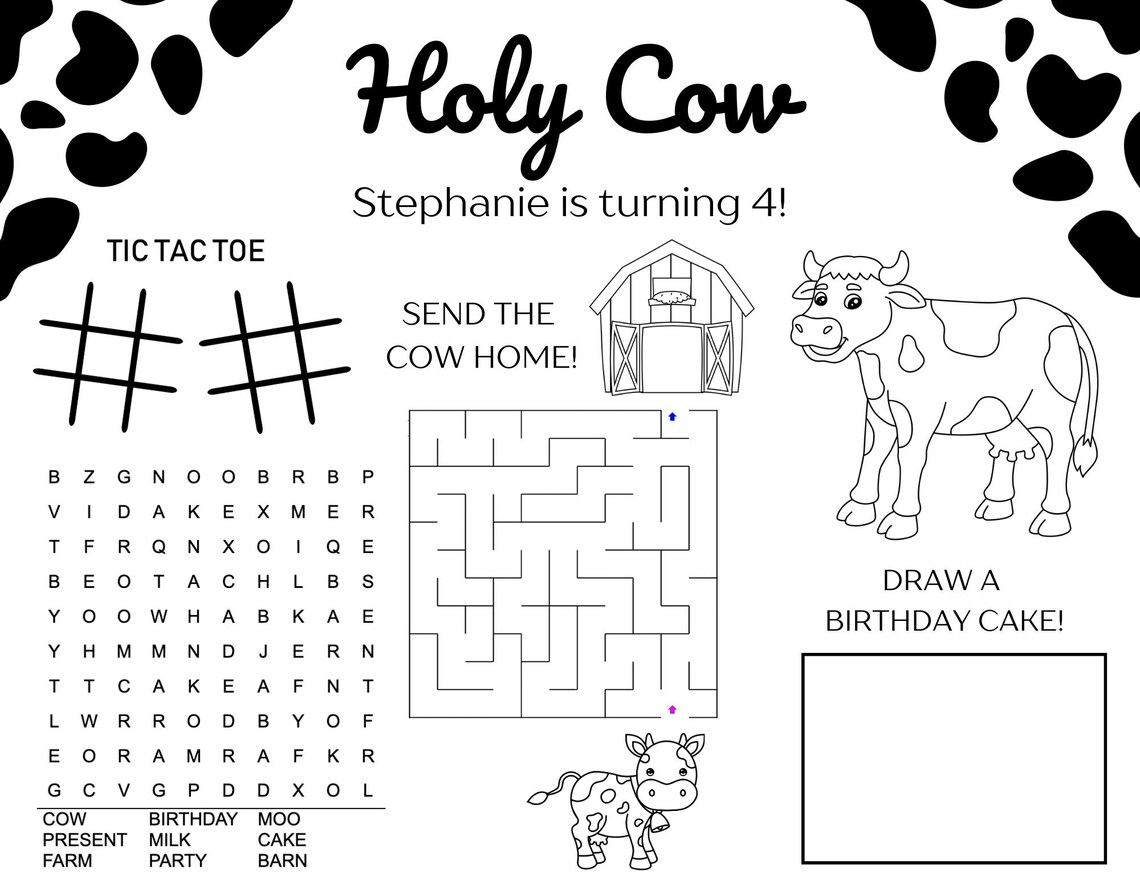 Holy Cow Birthday Party Activity Sheet, Party Favor, Placemat ...