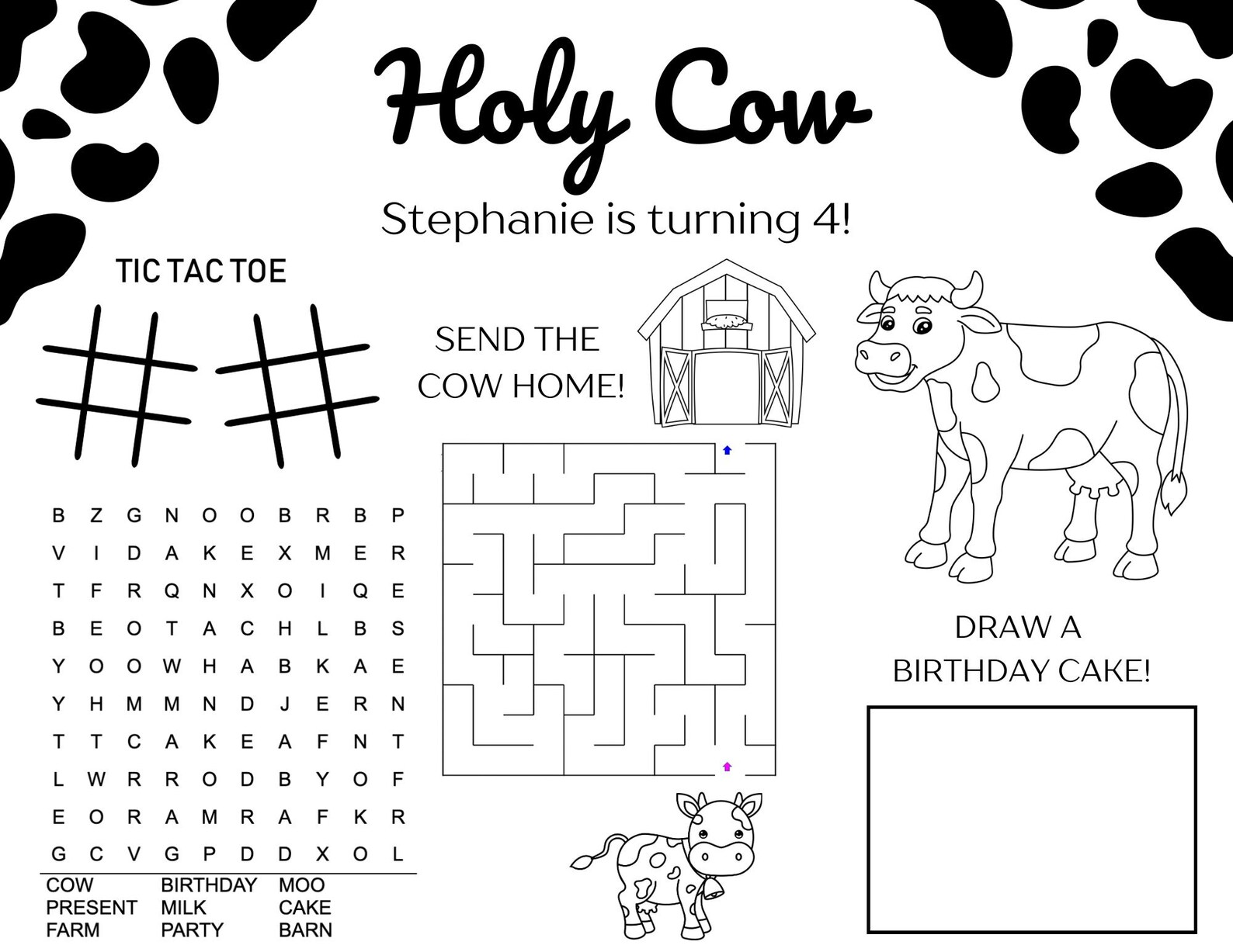 Holy Cow Birthday Party Activity Sheet, Party Favor, Placemat ...