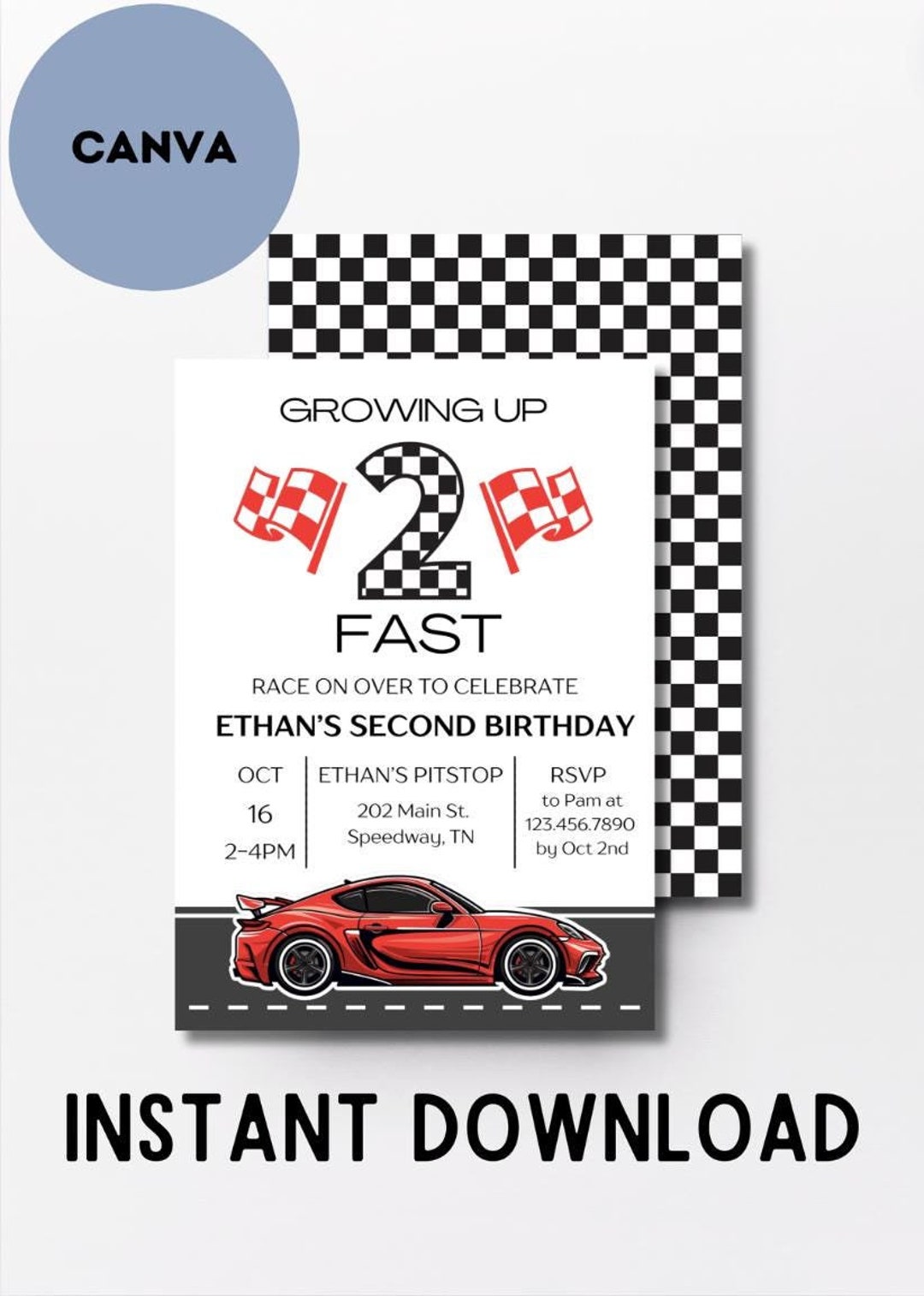 Two Fast Birthday Party Invitation Template, Two Fast Second Birthday ...